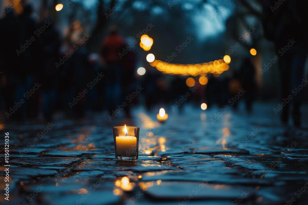 Candlemas, people gather in a candlelight procession at night, everyone ...
