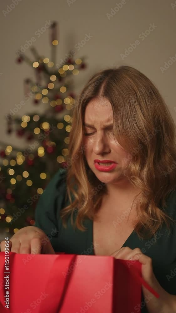 Displeased sad millennial woman opening red present gift box at home ...