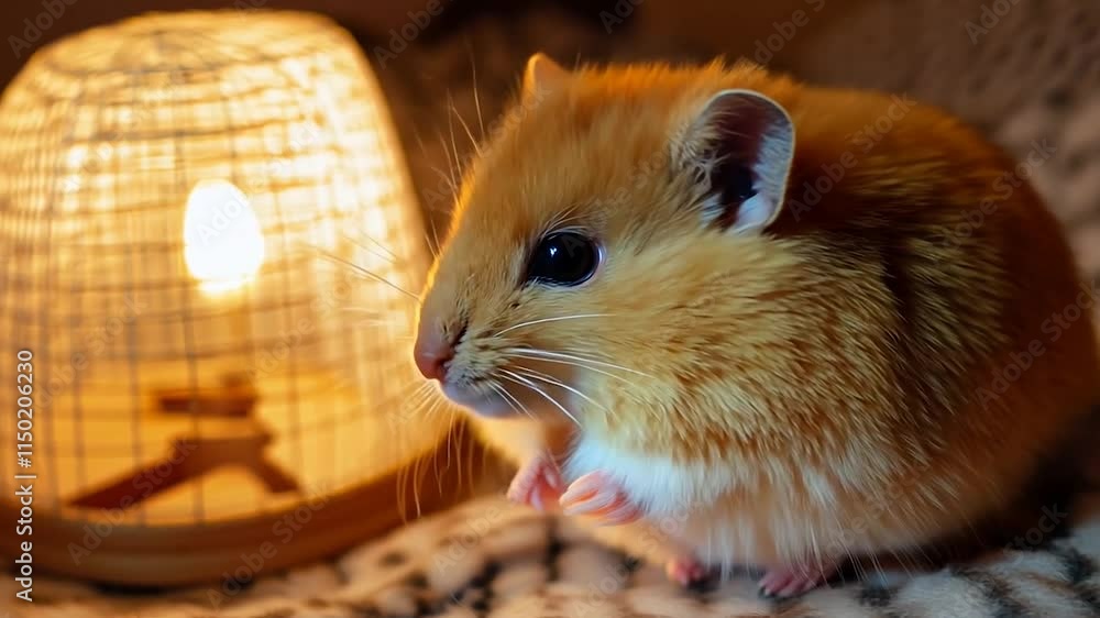 A fluffy golden hamster sitting on a patterned blanket under the soft ...