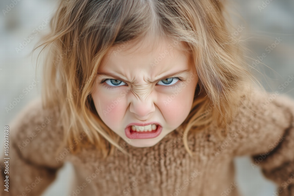 A young girl with an angry expression, furrowing her brows and showing ...