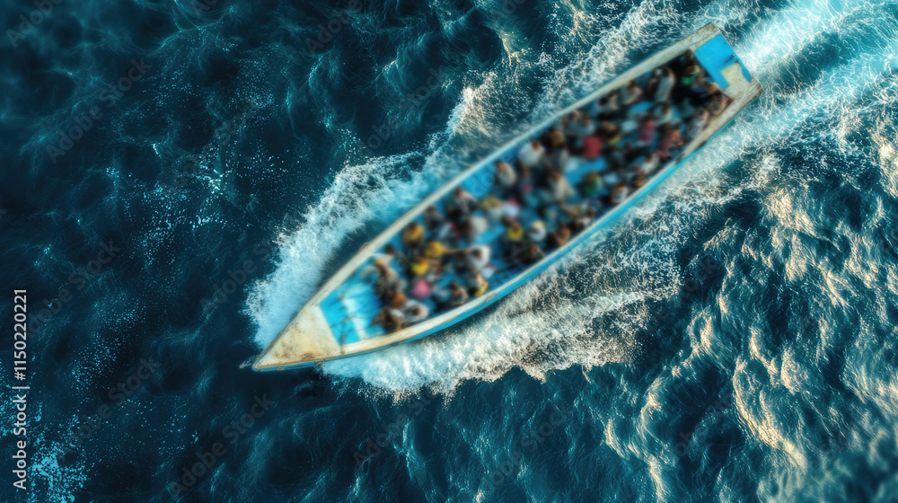 Migrants on the boat in the sea, forced displacement, rescue, refugees ...