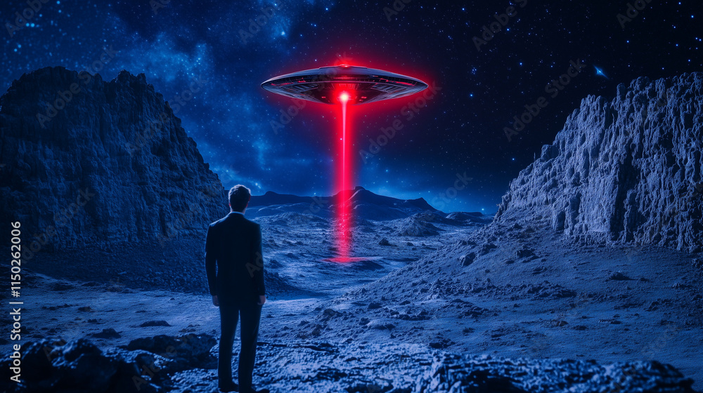 Futuristic Alien UFO Beam Scene in Rocky Alien Landscapes with Glowing ...