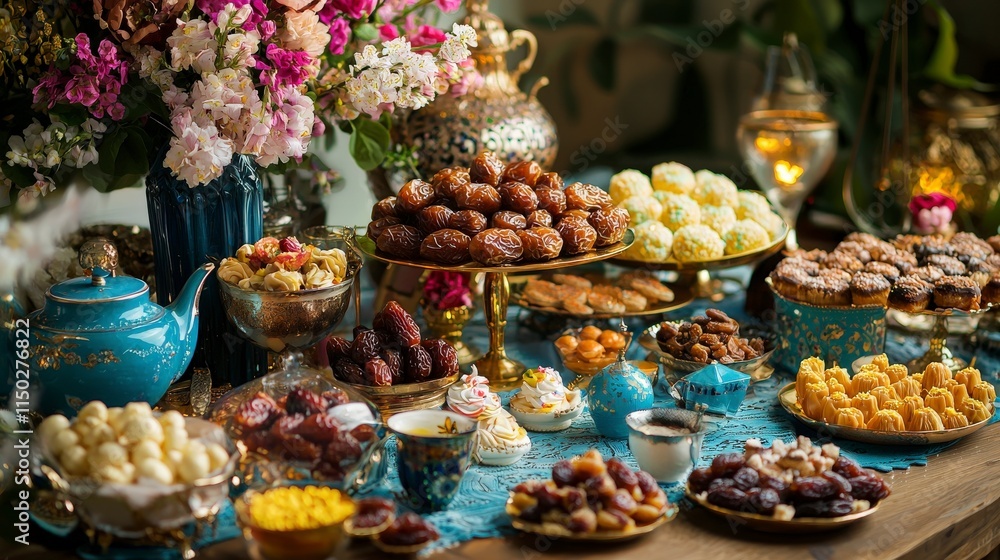 Eid celebration table with sweets and dates festive home food display ...