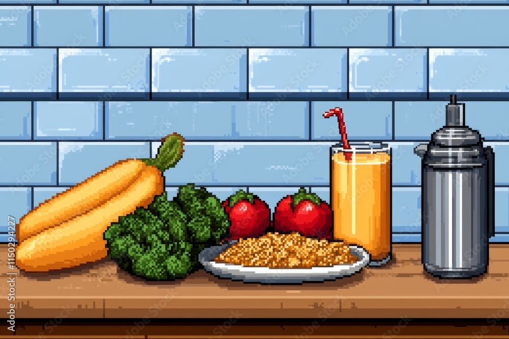 A pixel art representation of a healthy meal, with colorful vegetables ...
