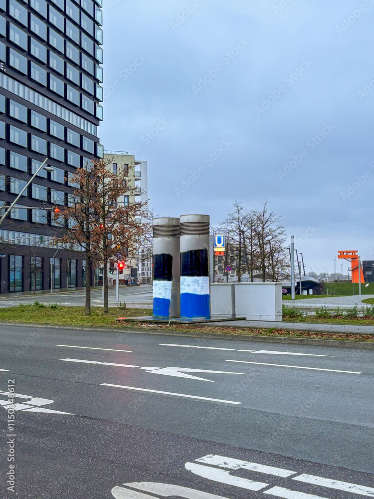 Hamburg, Germany - 12222024: photo of two steel columns sprayed with ...