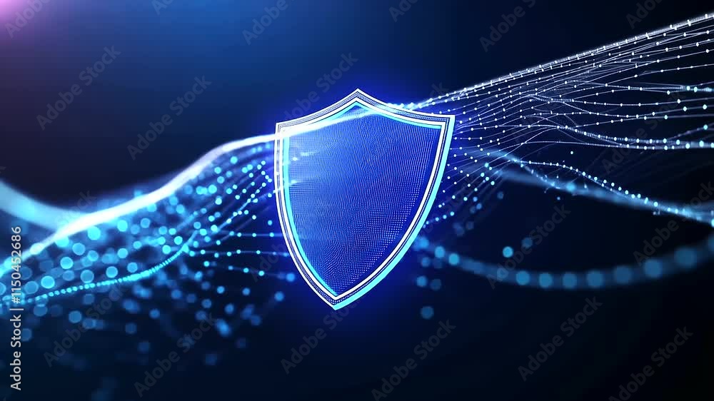 A vibrant blue shield icon on a digital-inspired background with softly ...