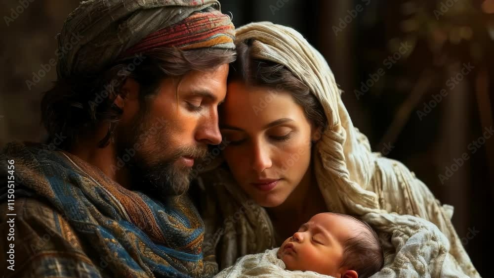 Divine family: video nativity scene with Mary and Joseph cradling baby ...