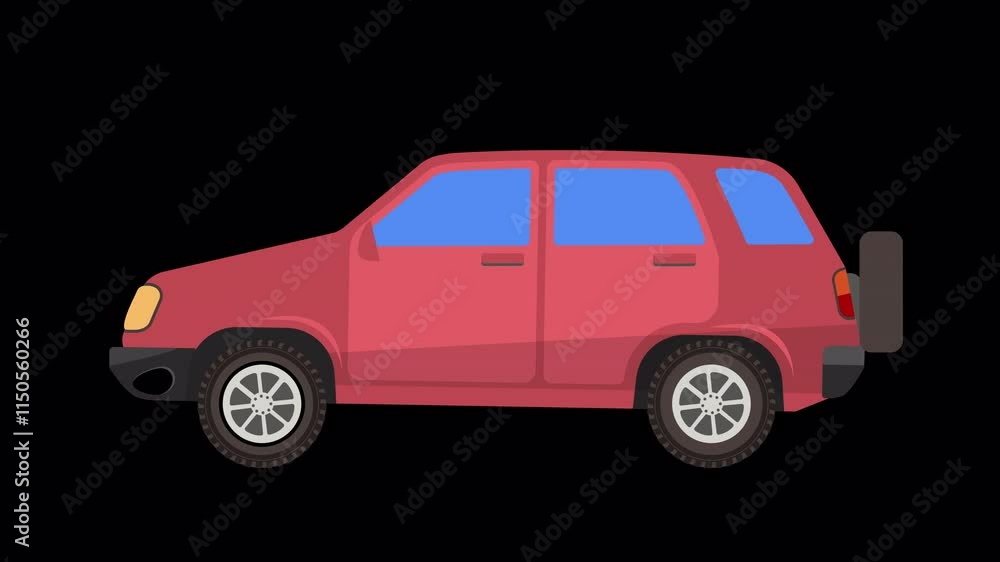 2D cartoon suv or cuv red car side view moving animation, transparent ...