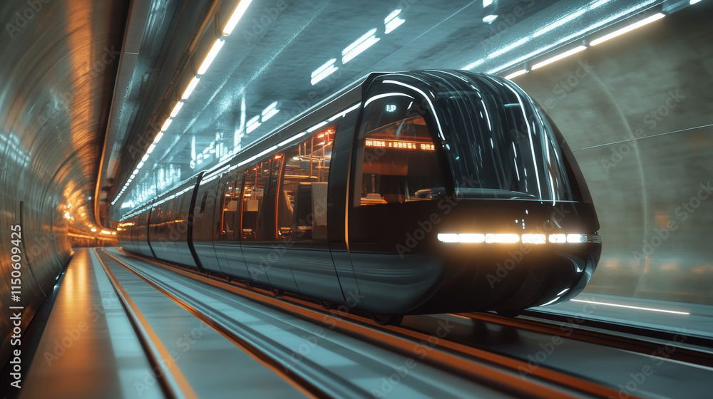 Train or metro in tunnel front view, subway locomotive on rails with ...