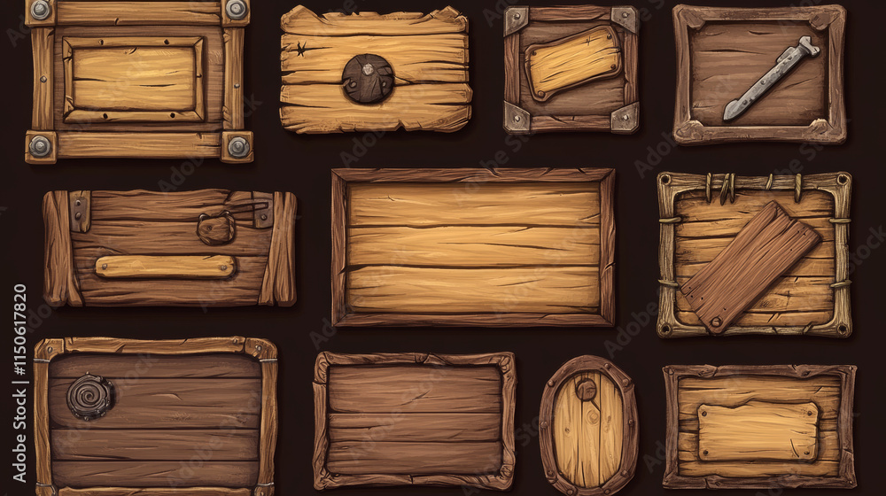Wooden game ui design elements - buttons and boards for menu interface ...