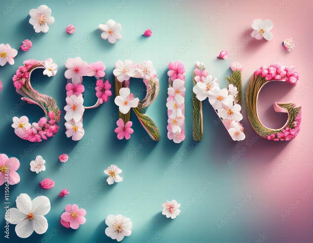 Poster The word spring spelled out in spring flower blossoms on a light ...