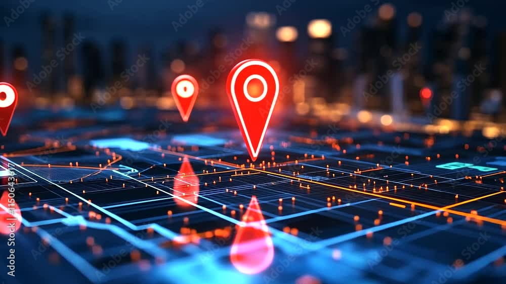 A detailed D cityscape map with red location pins rising above ...