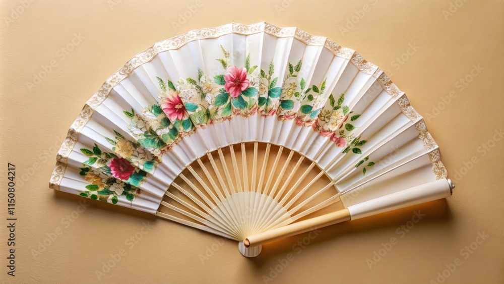 Beige background showcases a pristine white hand fan, photographed from ...