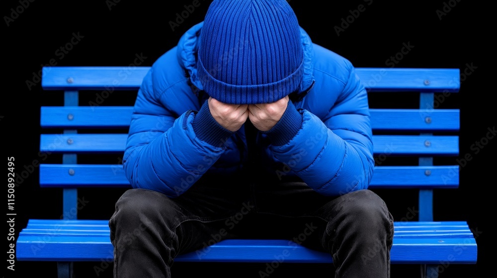 Blue Hues of Despair: A solitary figure, shrouded in blue, sits on a ...