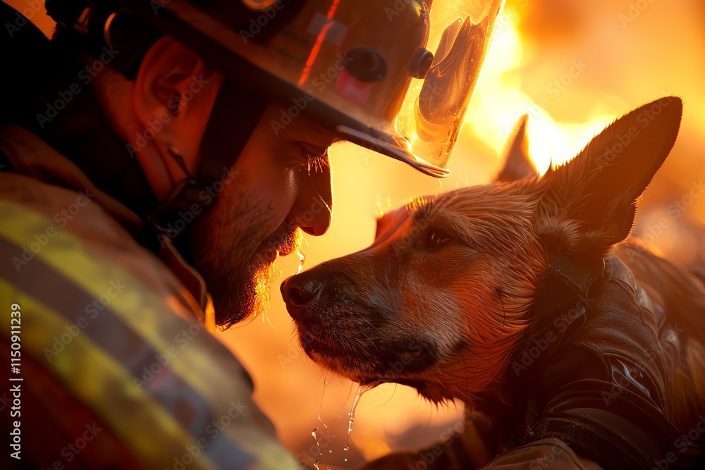 Photo & Art Print A firefighter and his canine companion share a tender ...