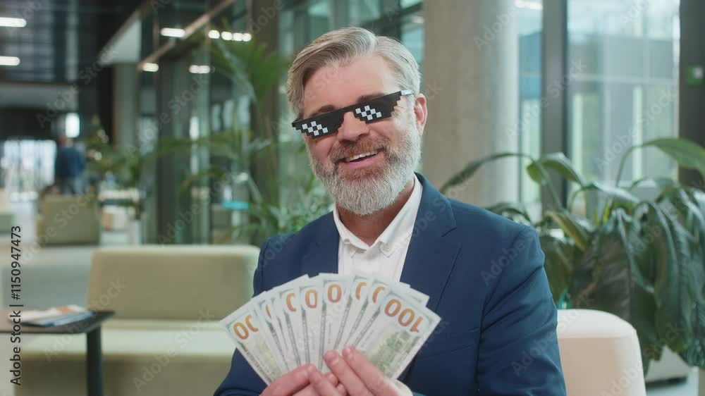 Happy rich Caucasian mature businessman putting on thug life sunglasses ...