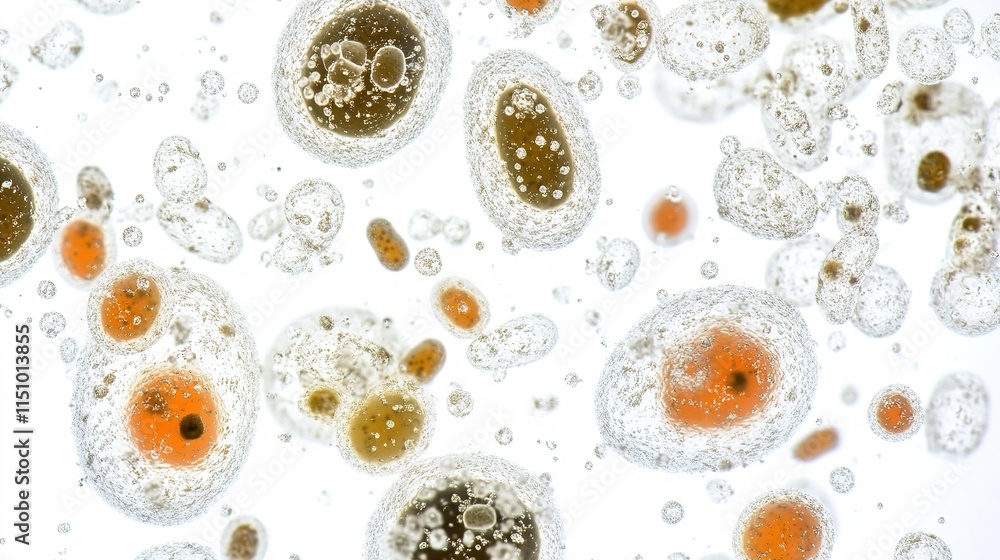 Microscopic view of small bacteria and mites encapsulated in ...