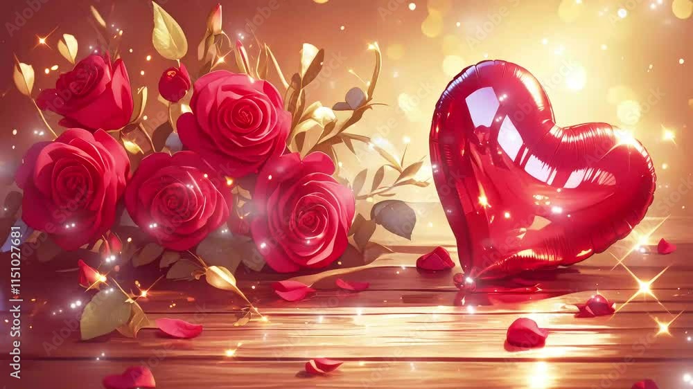 A charming display of red roses and a shiny heart balloon creates ...