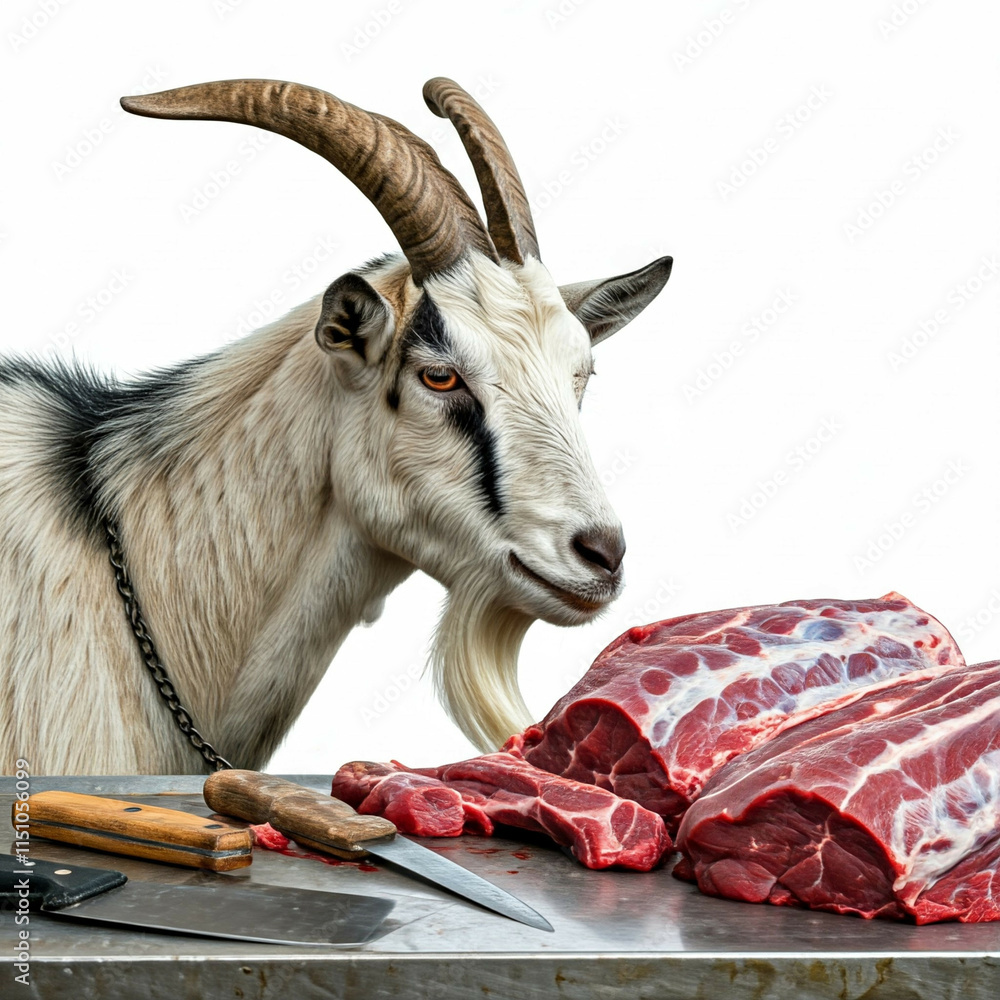 goat looking at raw meat on butcher block table with knives and blood ...