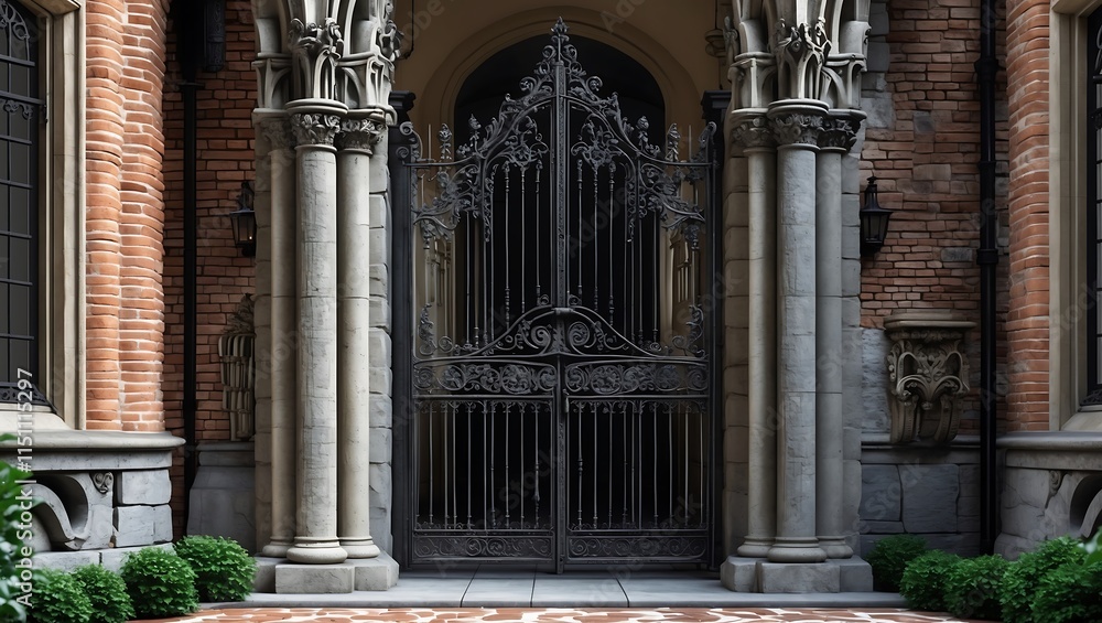 Ornate wrought iron gate framed by stone columns in a brick building ...