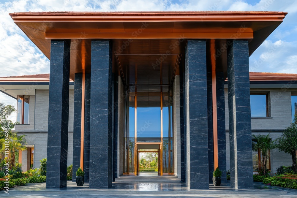 Luxurious modern mansion front elevation with grand pillars made of ...