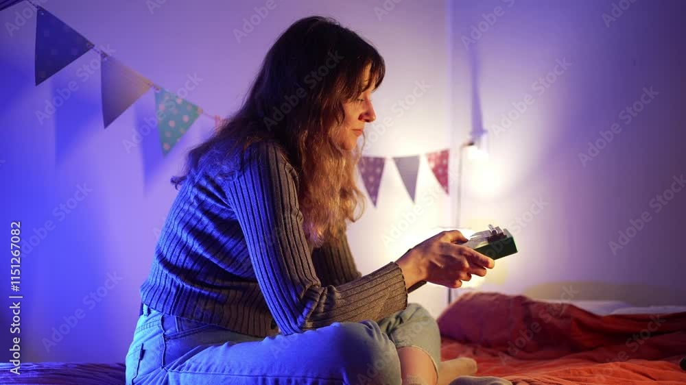 Focused woman is playing the kalimba, comfortably ensconced on a bed ...