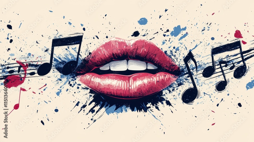 Whimsical illustration of lips transforming into musical notes ...
