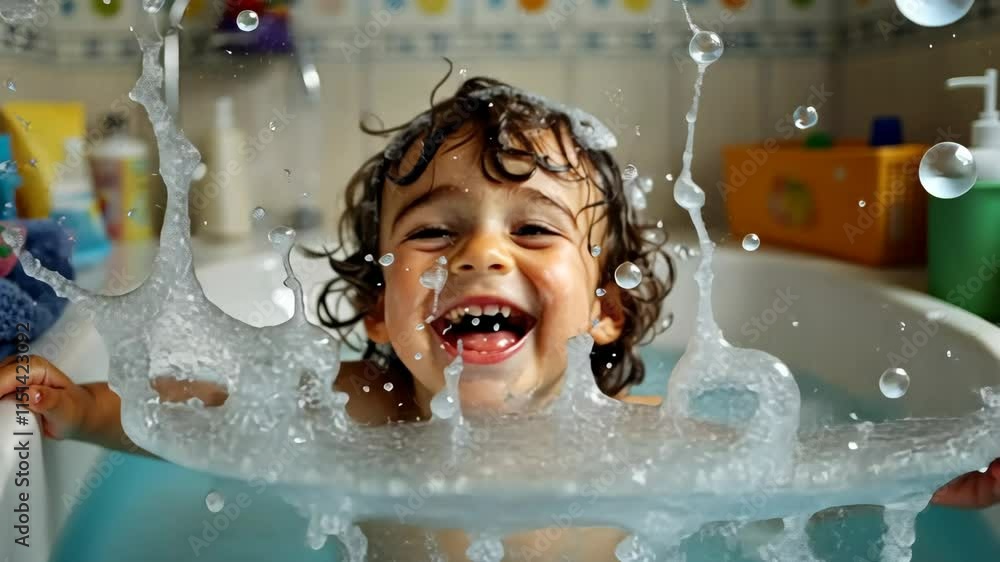 Cute child baby giggling happily in a bubbly bath, having fun with ...