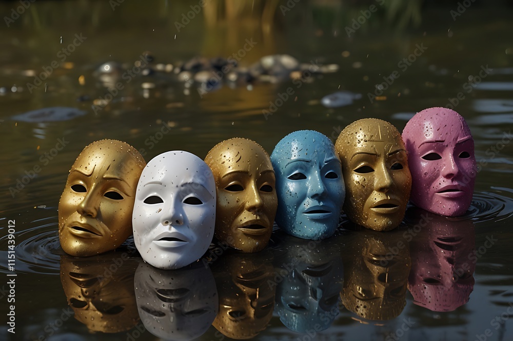 Wall Covered In Masks With Different Emotions, A Single Mask In The ...