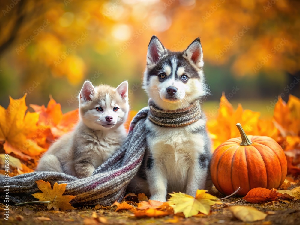Autumn's embrace: a husky pup and kitten cuddle near a pumpkin, wrapped ...