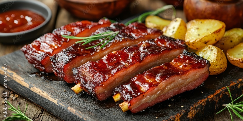 Tender slow braised thick slices of pork bacon glazed in BBQ sauce ...