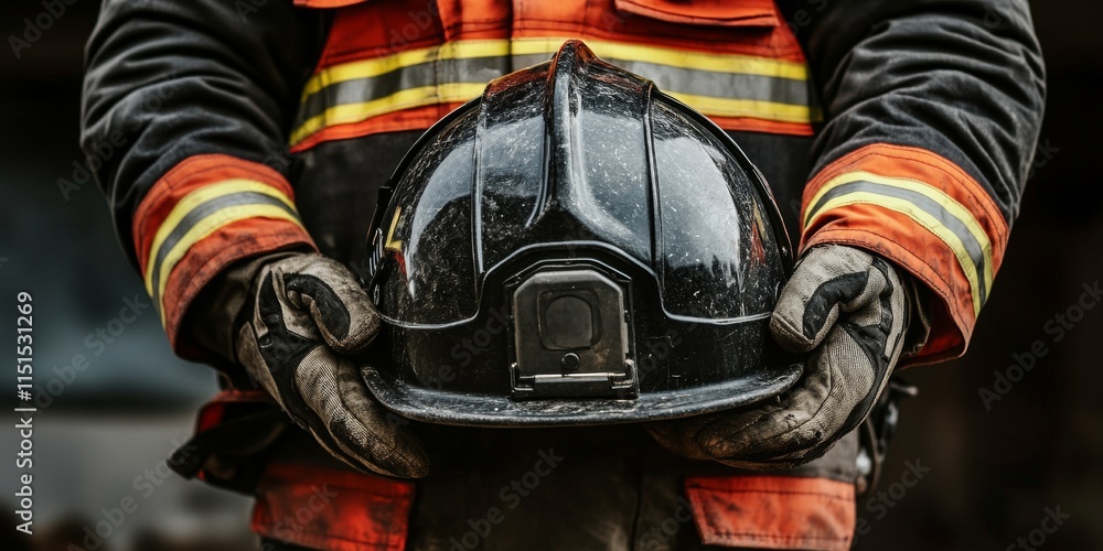 Close up view of a firefighter holding a helmet in their hands ...