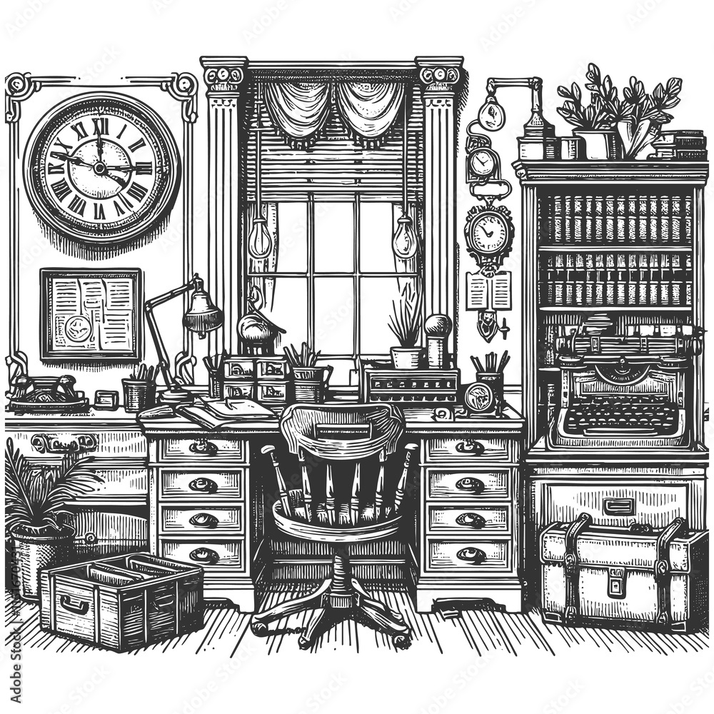 vintage writers desk featuring an antique typewriter, desk chair, and ...