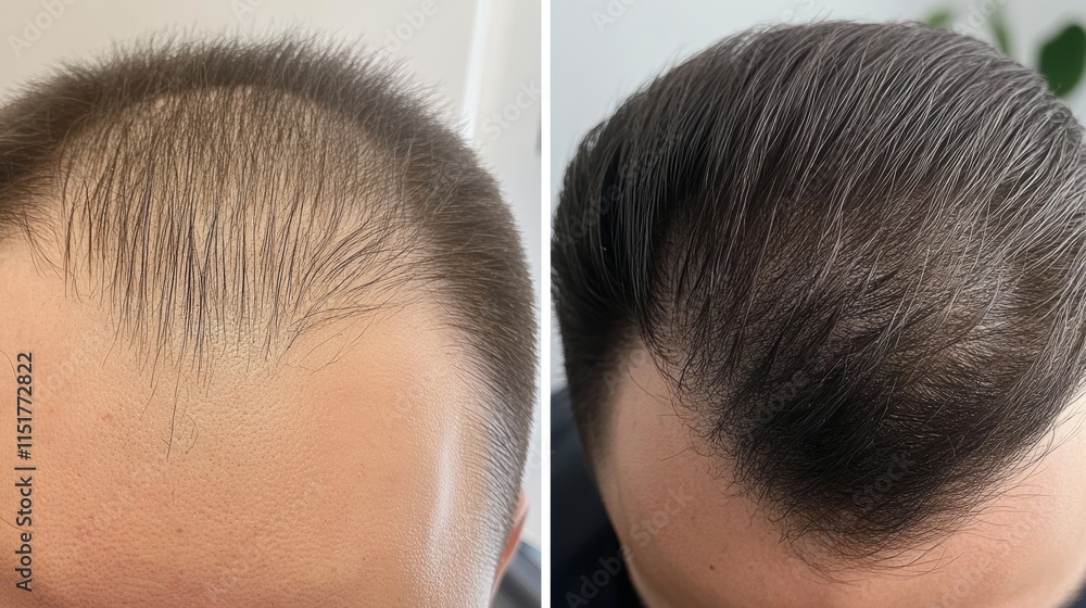 close-up, high angle view, comparison photo of a man's hair before and ...