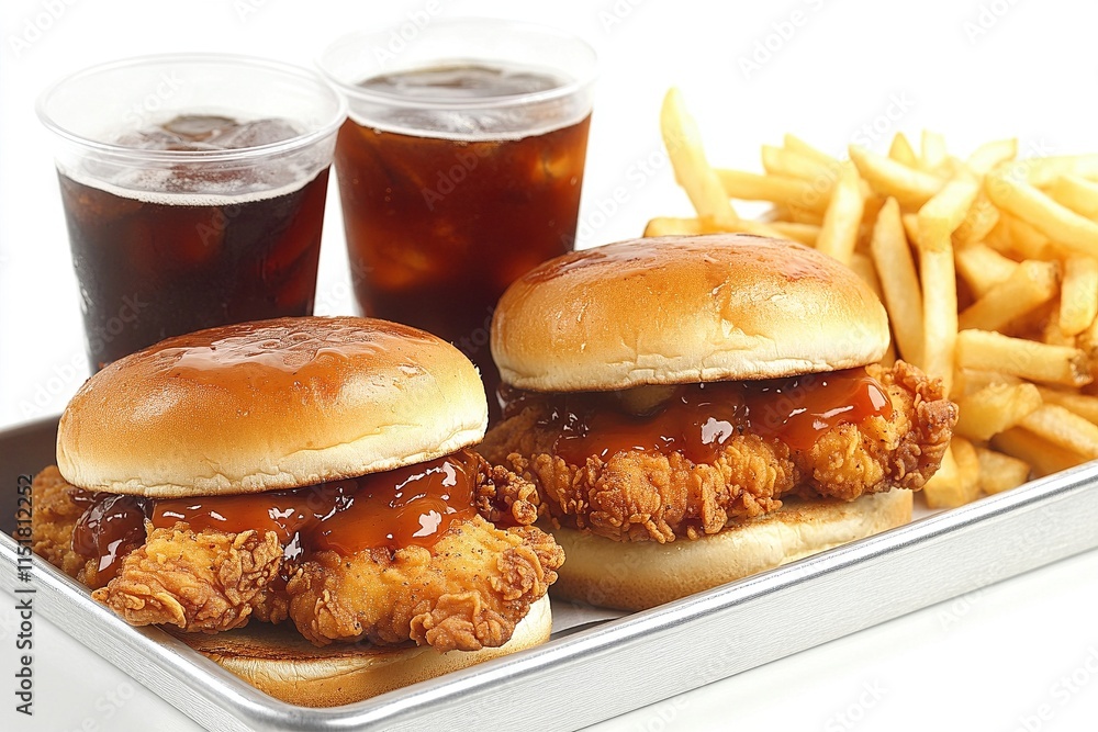 Combo de comida rápida con dos hamburguesas de pollo frito con salsa ...