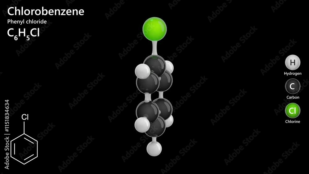 Chlorobenzene. Animated 3D model of a molecule. Molecular formula ...