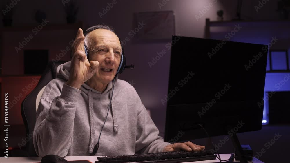Senior mature gamer streaming his nighttime gaming session using ...