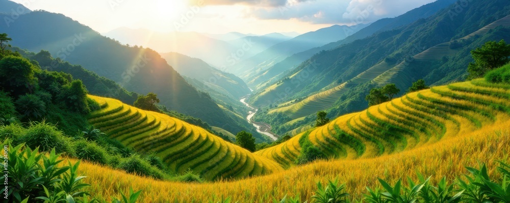 Sun-drenched Mu Cang Chai rice fields cascade down hillsides, mountains ...