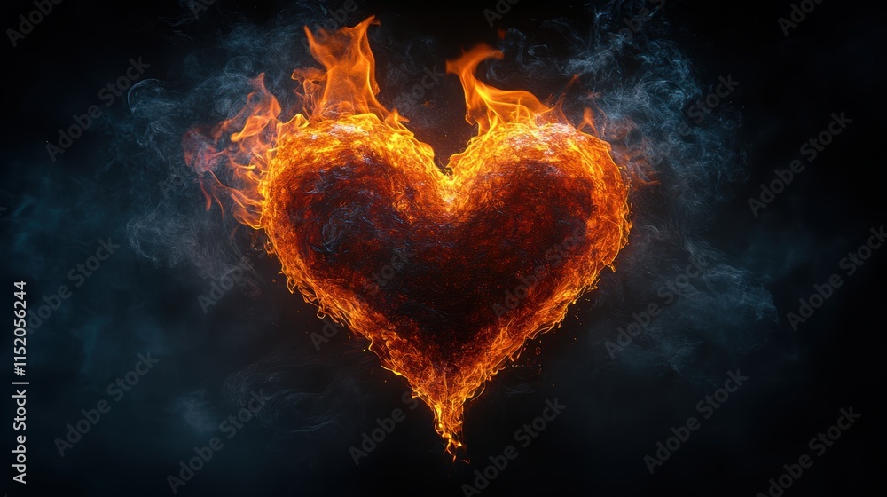 Burning heart-shaped flames set against a smoky dark background ...