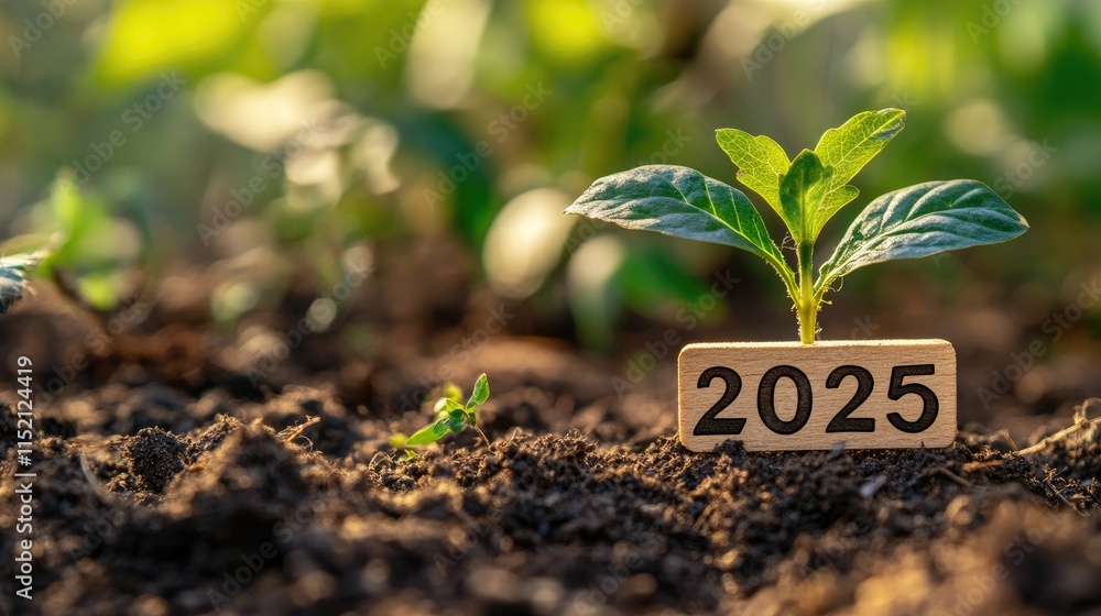 New year concept, wooden numbers "2025" with a growing plant on the ...