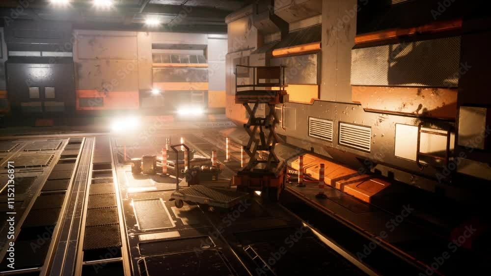 Dimly lit industrial warehouse showing equipment and workstations ...