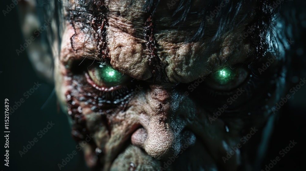 Poster A close-up of a grotesque face with piercing green eyes and skin ...