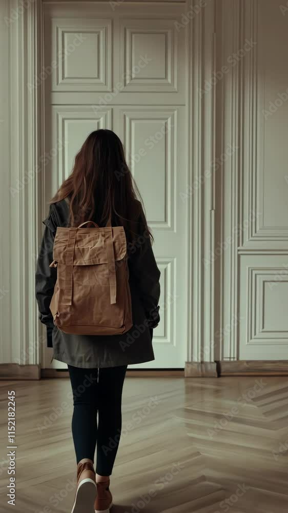 Woman walking towards a large door in an elegant room with wooden ...