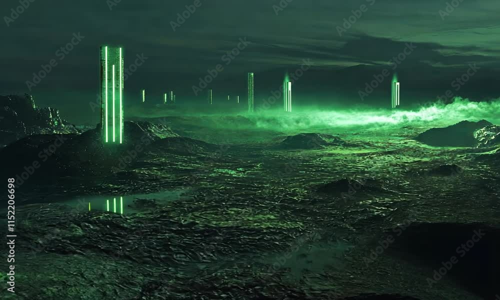 Ethereal Glow Green Alien Landscape Night Digital Art Futuristic ...