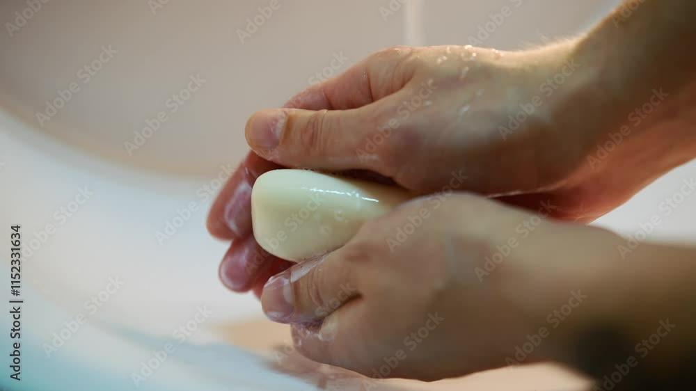 Washing hands with soap. Hand soap. A man washes his hands with soap ...