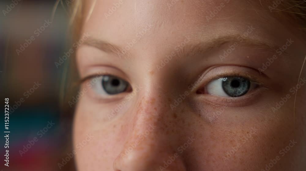Close up calm pensive sad eyes Caucasian little girl child kid ...