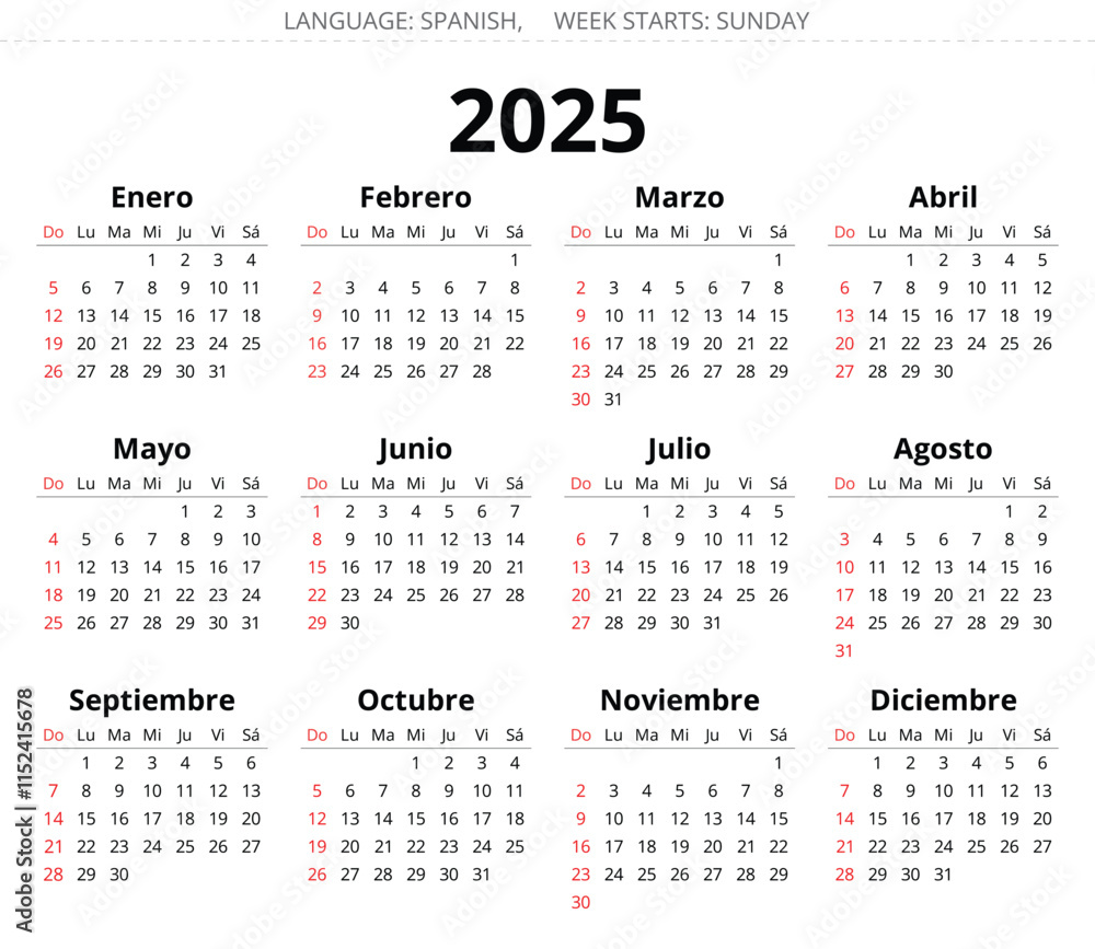 Poster 2025 spanish calendars. Vector for Spain. Week starts sunday ...