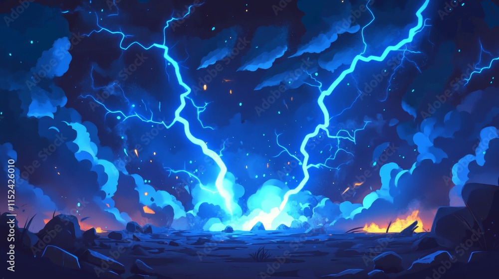 Lightning hit ground or floor with burst vfx effect, light ball and ...