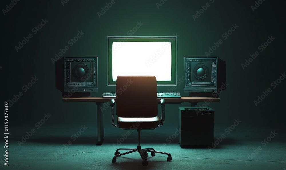 Compact video editing setup with an illuminated monitor, external hard ...