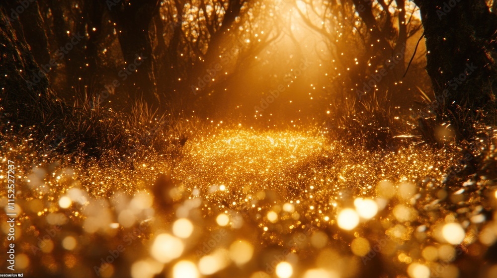 Golden sunlight illuminates a mystical forest path, sparkling dust ...
